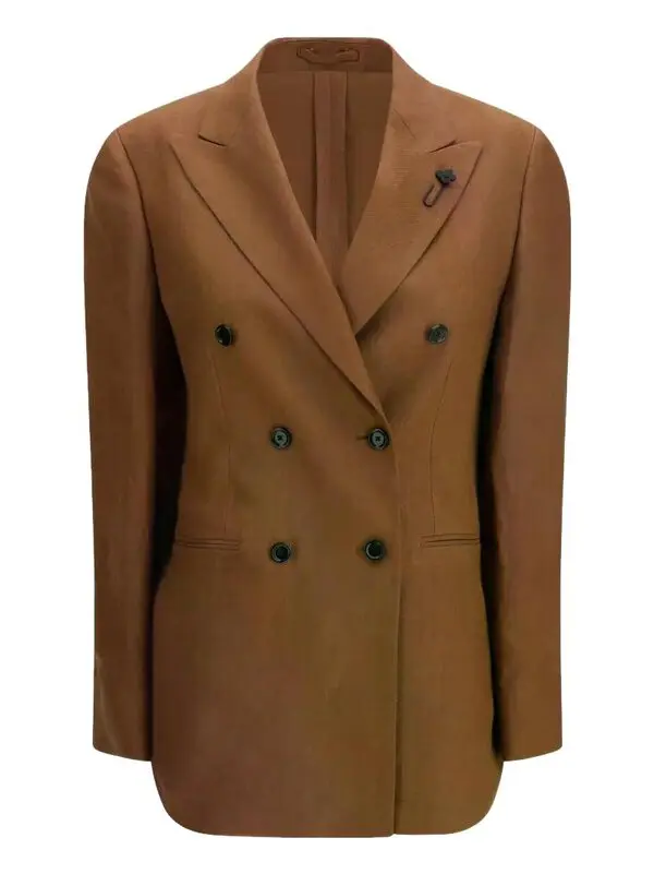 LARDINI Double-breasted Blazer With Brooch - Brown