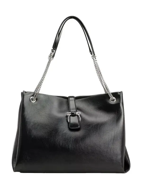 FERRAGAMO Leather Tote Bag With Chain Handle - Black