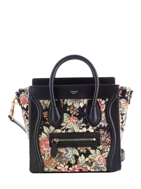 Celine Luggage Bag Printed Jacquard And Leather Nano Satchel - Black