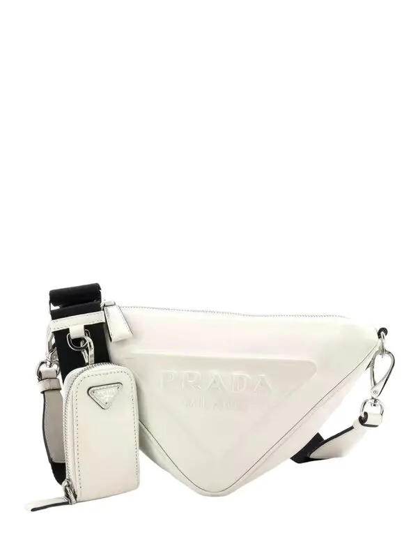 Prada Triangle Logo Zip Crossbody Bag Embossed Leather Mini Shoulder Bag - White