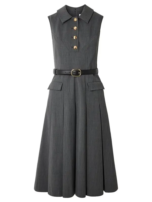 SELF-PORTRAIT Belted Pleated Leather-trimmed Wool-blend Midi Dress - Gray