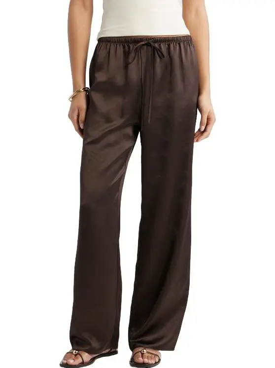 OPEN EDIT Drawstring Waist Satin Pants - Brown Seal