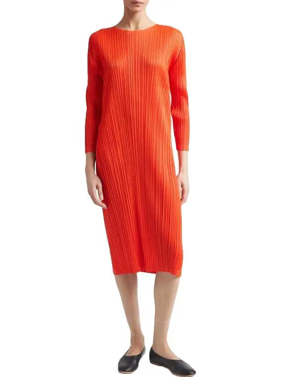 Issey Miyake Monthly Colors February Pleated Long Sleeve Midi Dress - Red