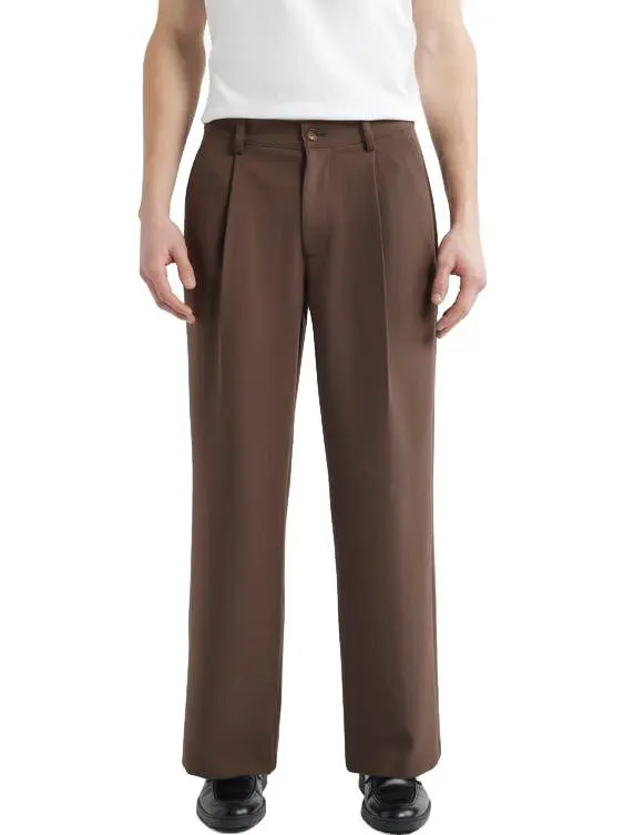 OPEN EDIT Relaxed Pleated Stretch Twill Trousers - Brown Cocoa