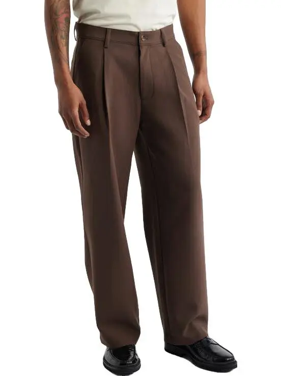 OPEN EDIT Relaxed Pleated Stretch Twill Trousers - Brown Cocoa