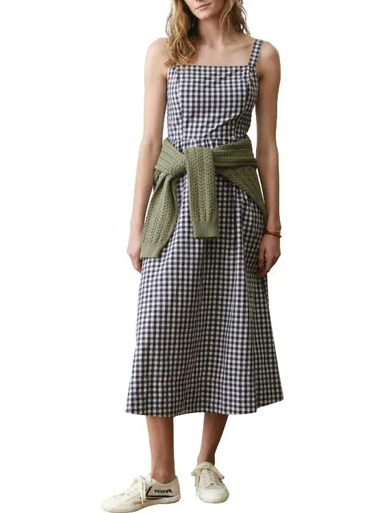 Marine Layer Gingham Pima Cotton Poplin Midi Dress - Navy Gingham