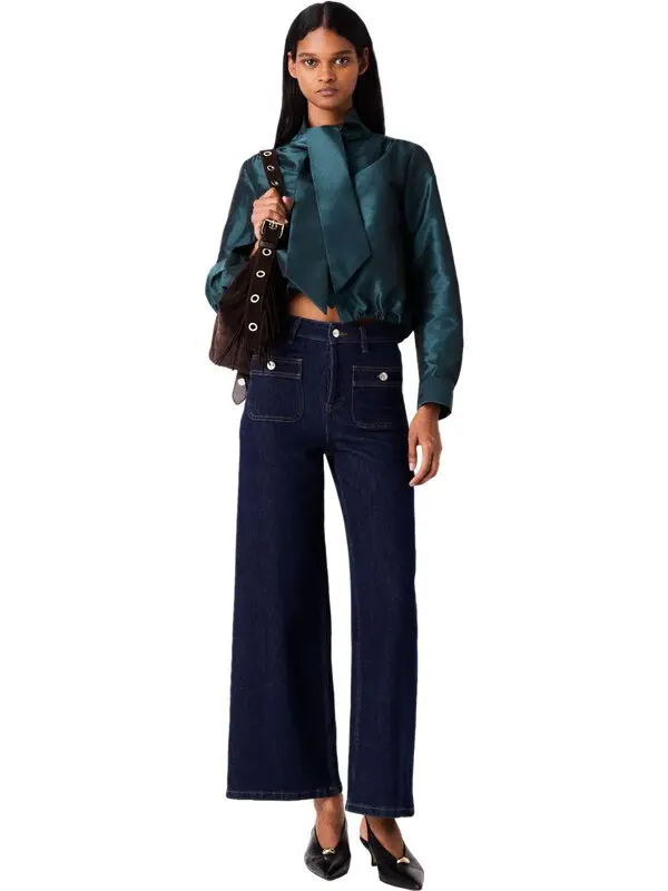 Maje Wide Leg Jeans With Patch Pockets - Navy