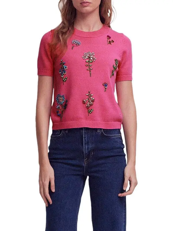 Boden Crystal Embellished Cotton Sweater - Pink Power