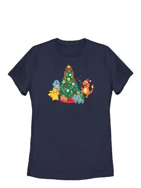 POKEMON Christmas Tree Characters Graphic T-shirt - Navy Blue