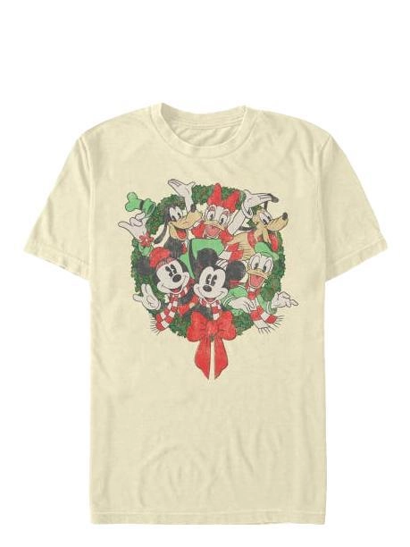 MICKEY & FRIENDS Christmas Group Shot Wreath Short Sleeve Graphic T-shirt - Beige