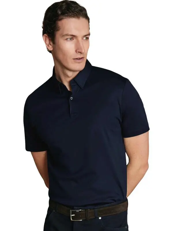 CHARLES TYRWHITT Plain Short Sleeve Jersey Polo - Navy