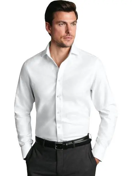 CHARLES TYRWHITT Non-iron Classic Collar Slim Fit Herringbone Shirt - White