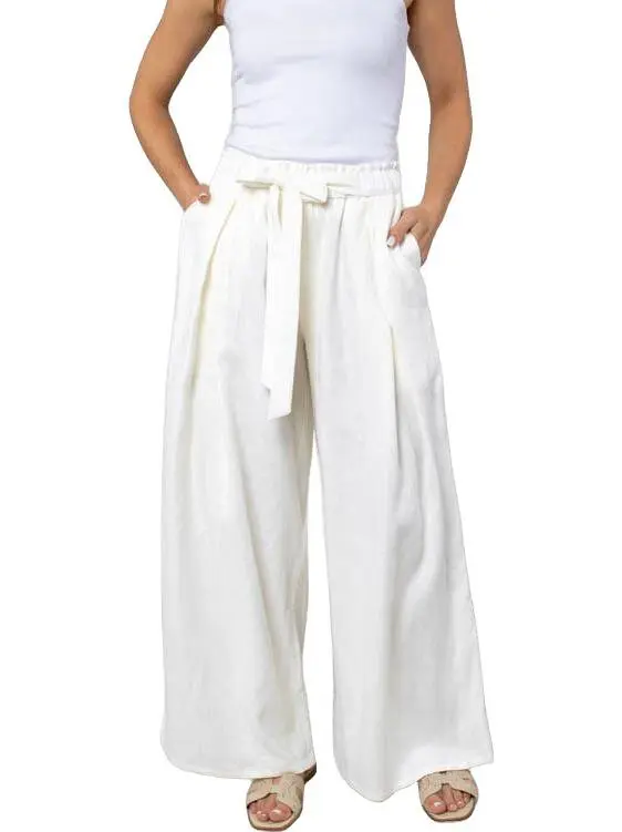 LEISURE LAB Linen High Rise Wide Leg Pants With Tie Waist - White