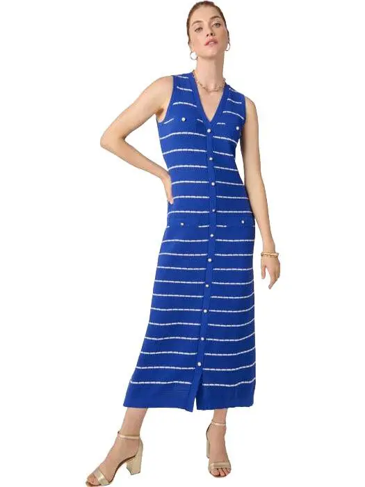 JESSICA LONDON Sleeveless Sweater Button Dress - Dark Sapphire White Stripe