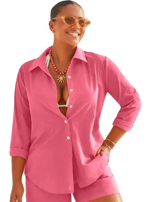 SWIMSUITS FOR ALL Cotton Beach Shirt Cover Up - Coral Pink