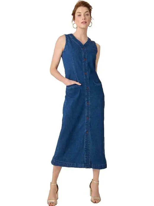 JESSICA LONDON Denim Button Maxi Dress - Medium Stonewash