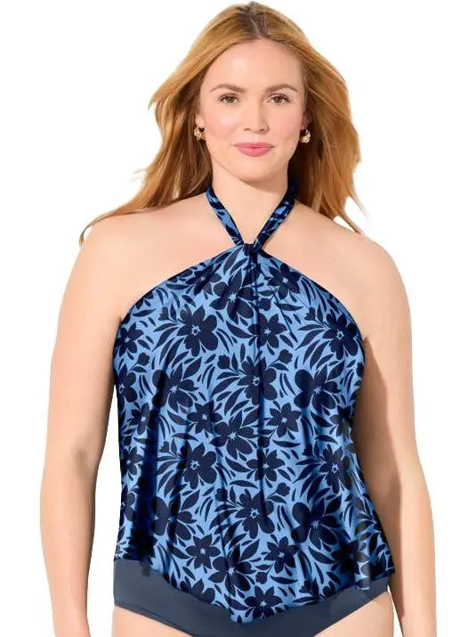 SWIMSUITS FOR ALL Halter Tankini Top - Navy Regatta Floral