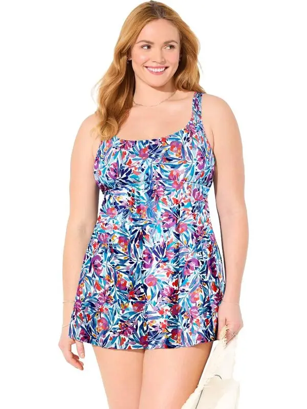 SWIMSUITS FOR ALL Flared Two-piece Swimdress - White Multi