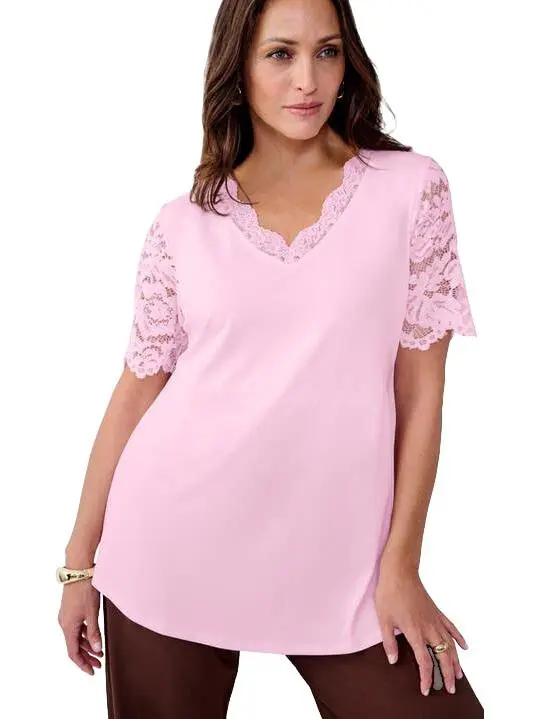JESSICA LONDON Lace Trim V-neck Top - Pink