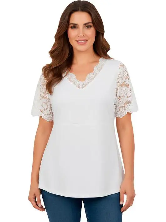 JESSICA LONDON Lace Trim V-neck Top - White