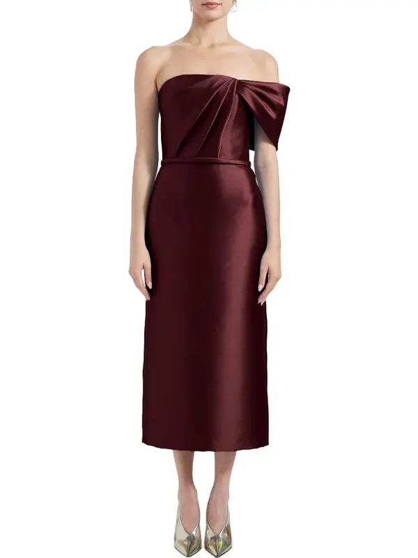 Amsale Strapless Bow Detail Asymmetric Column Midi Dress - Hunter