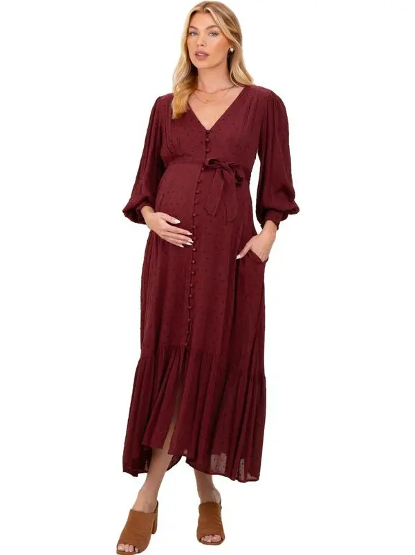 PINKBLUSH Swiss Dot Button Down Maxi Dress - Burgundy
