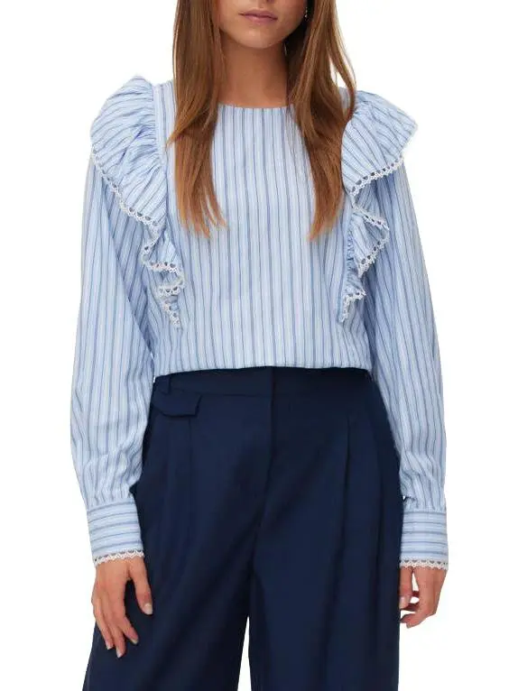 Vero Moda Fanni Embroidered Trim Ruffle Top - Brunnera Blue W. Stripes