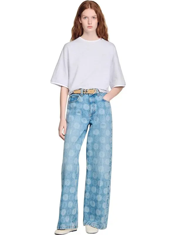 Sandro Wide-leg Floral Print Jeans - Blue Jean