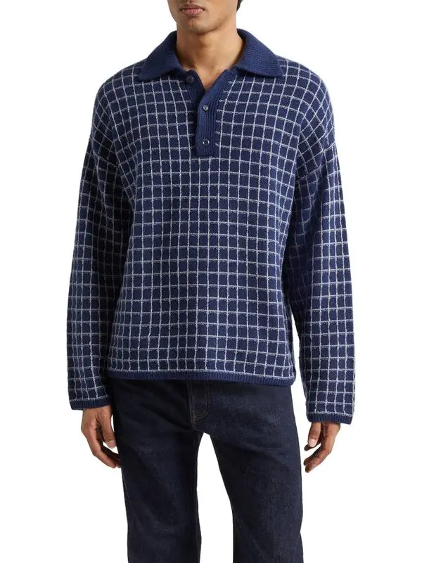 THE ELDER STATESMAN Dume Grid Cashmere Rugby Sweater - Silver Grid/navy