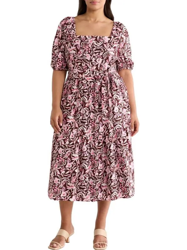 Caslon Puff Sleeve Linen Blend Midi Dress - Brown Chocolate Daisy Garden