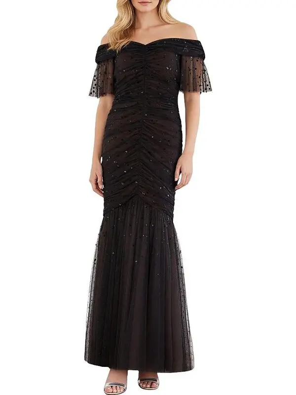 NEEDLE & THREAD Dappled Sequin Rouched Off-shoulder Gown - Graphite/warm Taupe