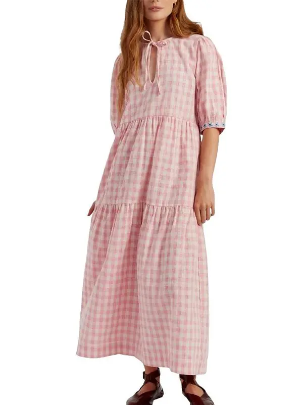 Chinti & Parker Linen-blend Gingham Midi Day Dress - Pink Gingham