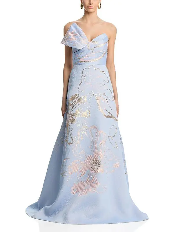 Rickie Freeman For Teri Jon Metallic Jacquard Side Bow Gown - Light Blue Multi