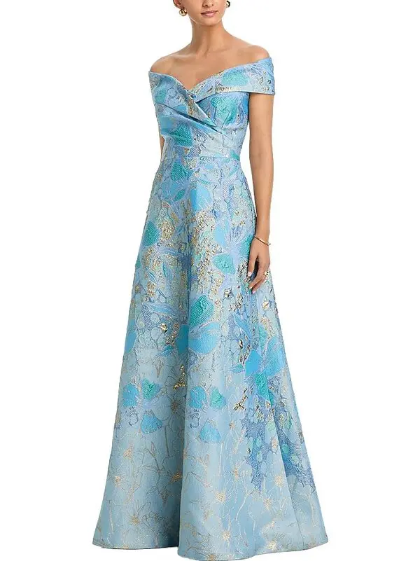 Rickie Freeman For Teri Jon Off-the-shoulder Side Drape A-line Gown - Light Blue Multi