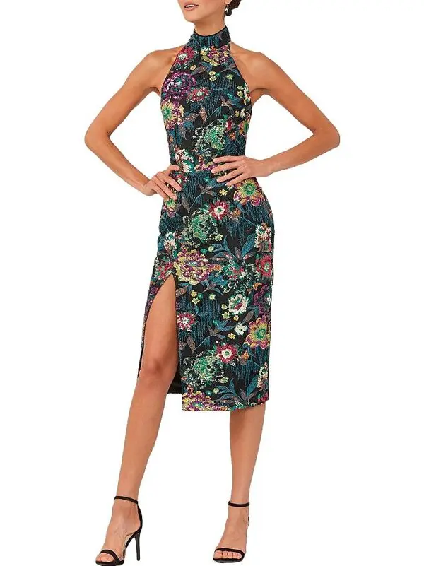 HELSI Paige Halter Floral Sequin Midi Sequin Dress - Black Fuchsia Floral