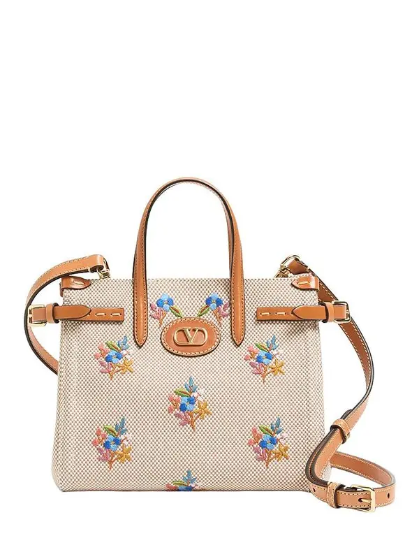 Valentino Garavani Small Floral Vlogo Embroidered Canvas Tote - Tobacco