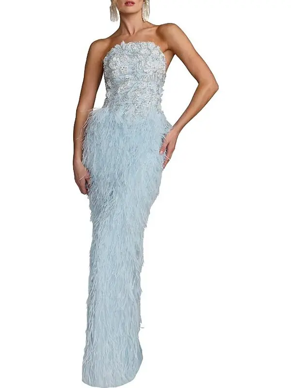 Mac Duggal Embellished Strapless Feather Gown - Powder Blue