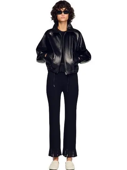 Sandro Ruffled Ottoman Knit Trousers - Black