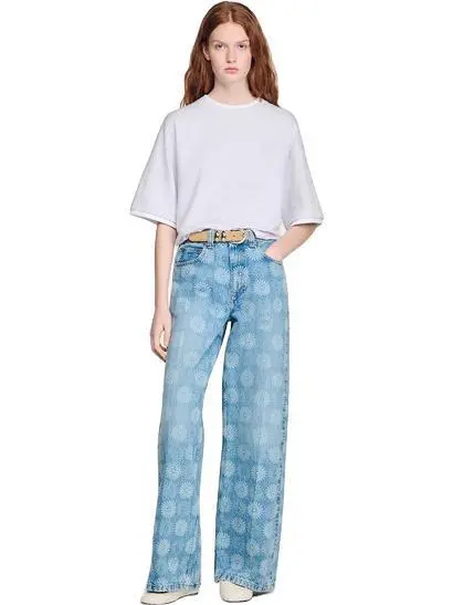 Sandro Floral Print Wide-leg Jeans - Blue