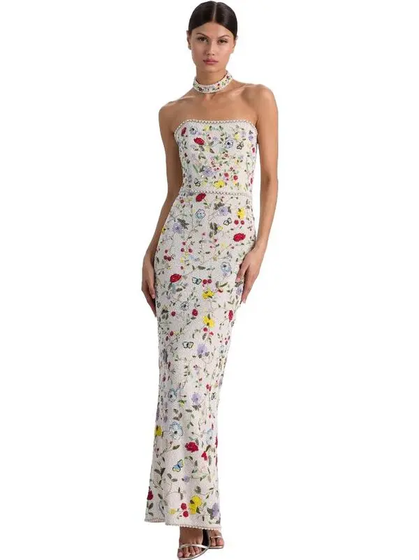 Alice + Olivia Georgie Embellished Gown With Choker - White