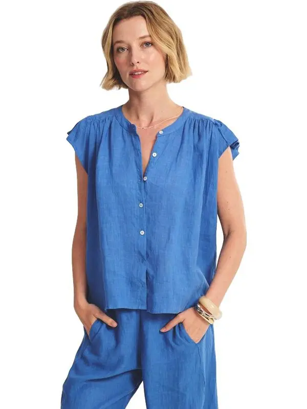 Velvet By Graham & Spencer Janey Linen Top - Blue / Floral