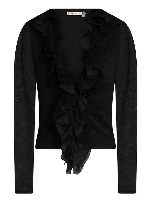Alice + Olivia Yara Ruffled Corded Lace Blouse - Black