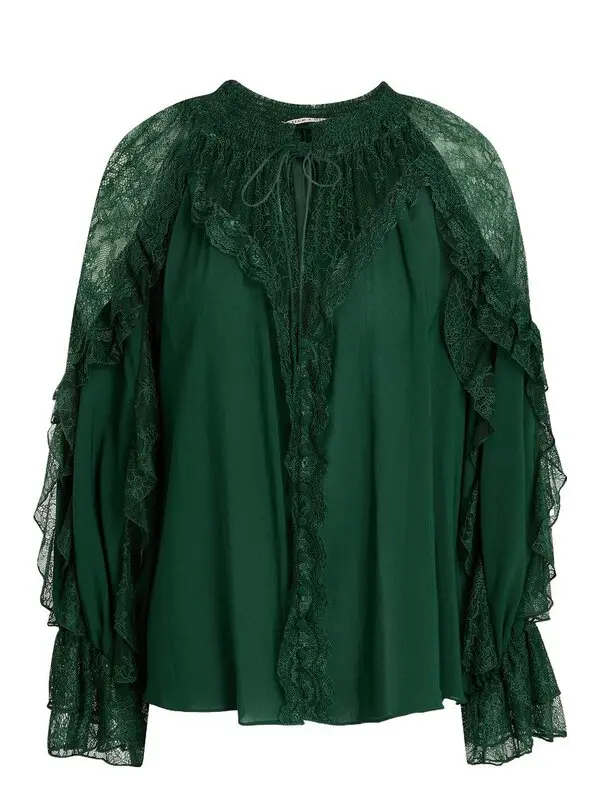 Alice + Olivia Alice Olivia Aleena Corded Lacepaneled Crepe De Chine Blouse - Forest Green