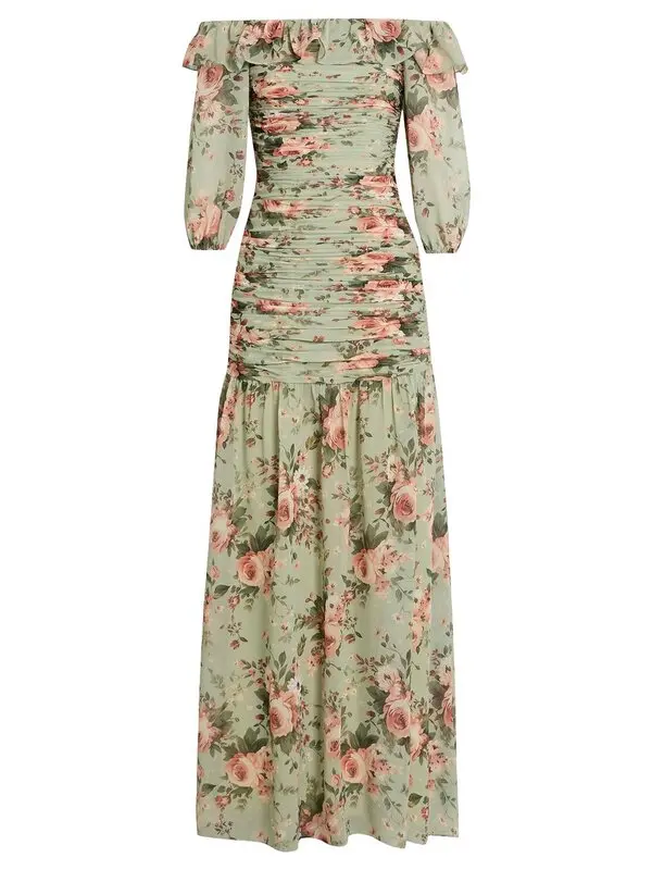MIKAEL AGHAL Off-the-shoulder Floral-print Georgette Maxi Dress - Light Green