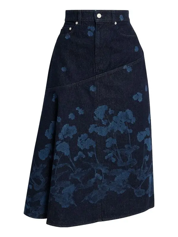 Erdem Floral-print Denim Midi Skirt - Dark Denim