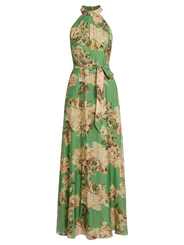 MIKAEL AGHAL Belted Floral-print Georgette Maxi Dress - Green