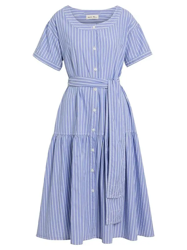 ALEX MILL Striped Cotton-poplin Midi Dress With Belt - Blue