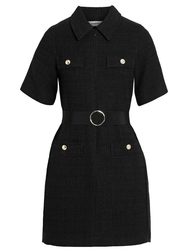Sandro Belted Pleated Crepe De Chine And Tweed Mini Shirt Dress - Black