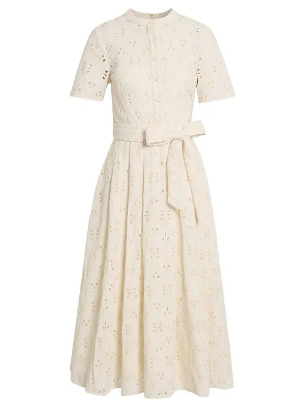 MIKAEL AGHAL Belted Broderie Anglaise Cotton Midi Dress - Ivory