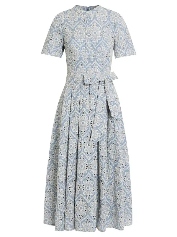 MIKAEL AGHAL Belted Broderie Anglaise Cotton Midi Dress - Light Blue